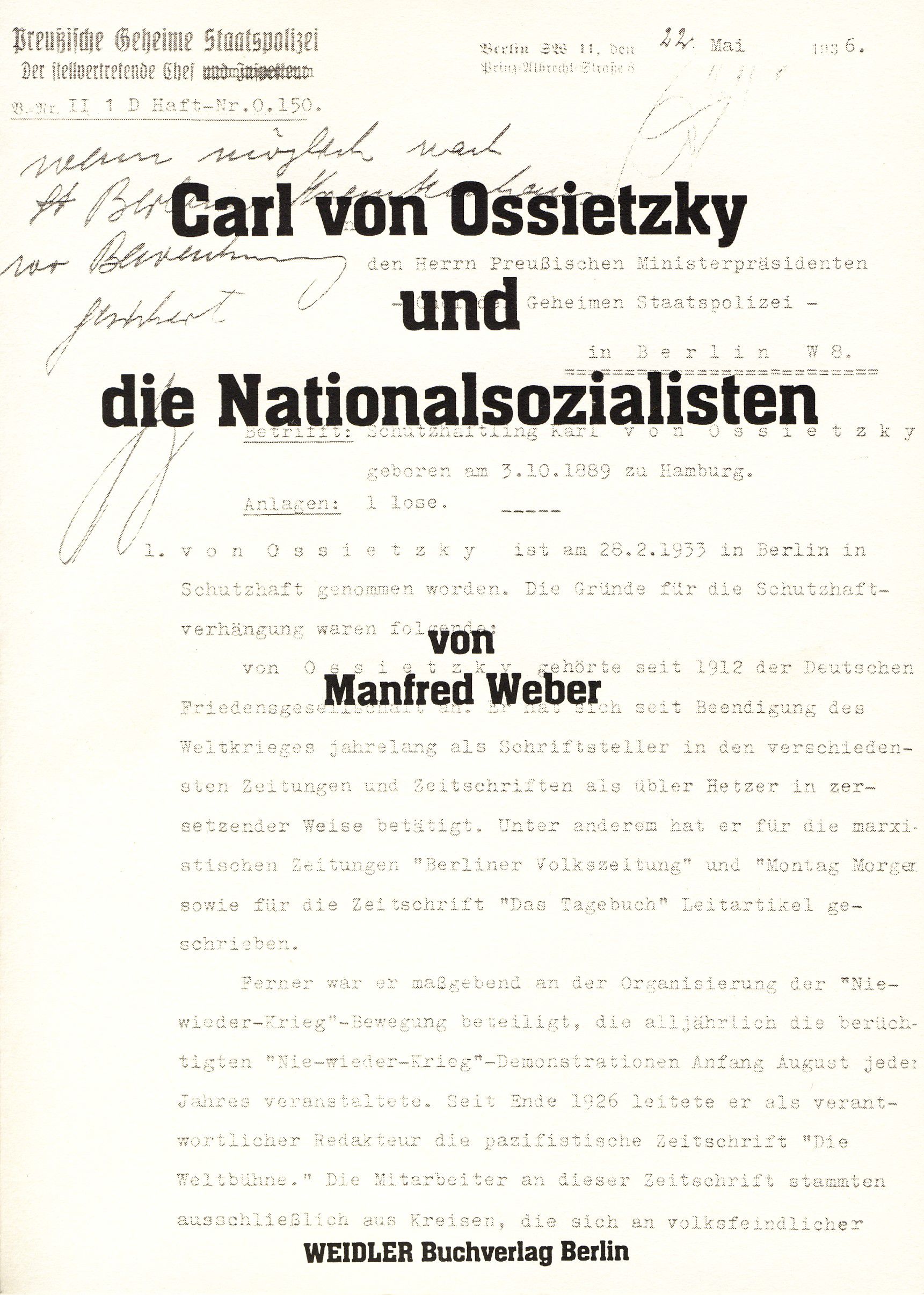 Carl von Ossietzky und die Nationalsozialisten - Verlag "Frank & Timme"